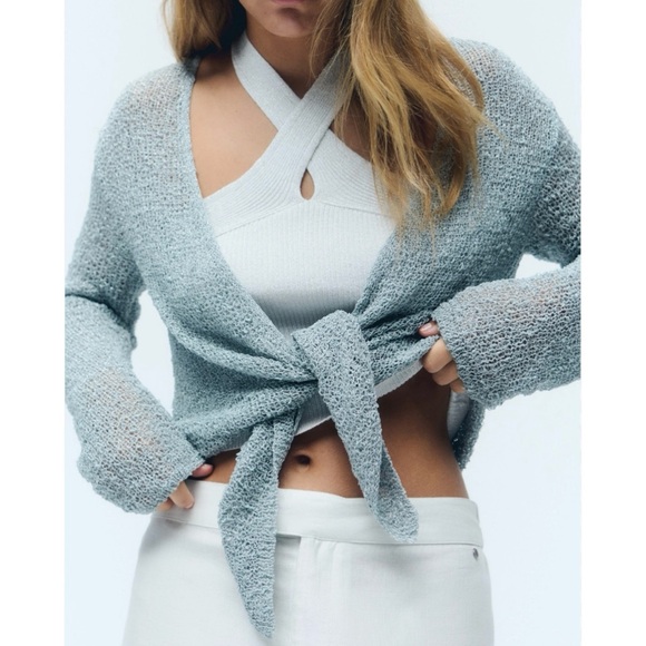 Windi River | Sweaters | Windi River Light Blue Loose Weave Tie Front ...